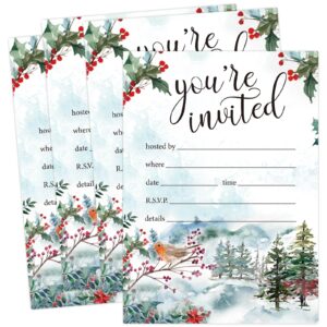 whaline 25 pack christmas party invitation cards winter woodland robin invitation paper cards with dark red envelopes xmas holiday watercolor animals party invites