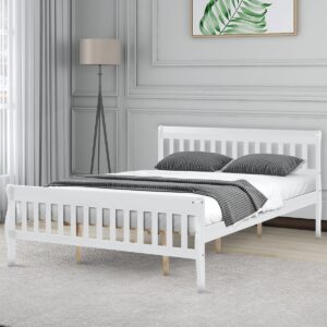 iululu queen bed frame, solid wood platform bed frame with headboard & footboard, queen size mattress foundation with wooden slats support, easy assembly, no box spring needed, white