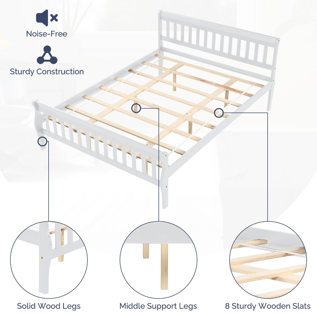 IULULU Queen Bed Frame, Solid Wood Platform Bed Frame with Headboard & Footboard, Queen Size Mattress Foundation with Wooden Slats Support, Easy Assembly, No Box Spring Needed, White