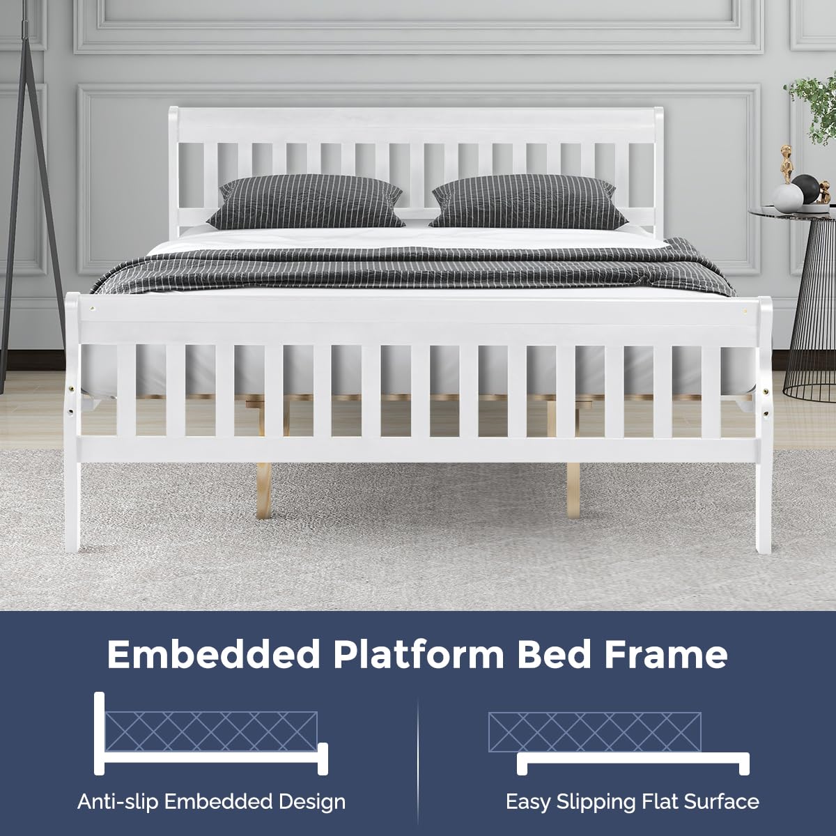 IULULU Queen Bed Frame, Solid Wood Platform Bed Frame with Headboard & Footboard, Queen Size Mattress Foundation with Wooden Slats Support, Easy Assembly, No Box Spring Needed, White