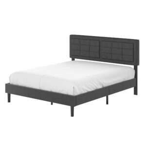 VECELO Full Size Bed Frame with Adjustable Headboard, Upholstered Button Tufted Platform Bedframe with Wood Slats Support, No Box Spring Needed, Dark Gray