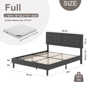 VECELO Full Size Bed Frame with Adjustable Headboard, Upholstered Button Tufted Platform Bedframe with Wood Slats Support, No Box Spring Needed, Dark Gray