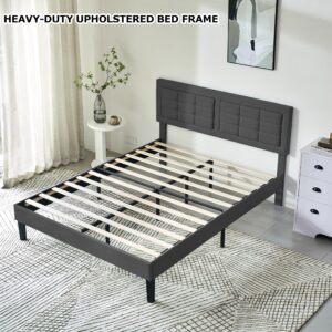 VECELO Full Size Bed Frame with Adjustable Headboard, Upholstered Button Tufted Platform Bedframe with Wood Slats Support, No Box Spring Needed, Dark Gray