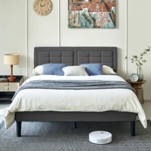 VECELO Full Size Bed Frame with Adjustable Headboard, Upholstered Button Tufted Platform Bedframe with Wood Slats Support, No Box Spring Needed, Dark Gray