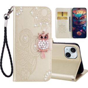 ephoou compatible with apple iphone 15 flip glitter wallet case for women, pu leather with card slots crystal diamond owl embossing shockproof cover case for iphone 15 mty-gold