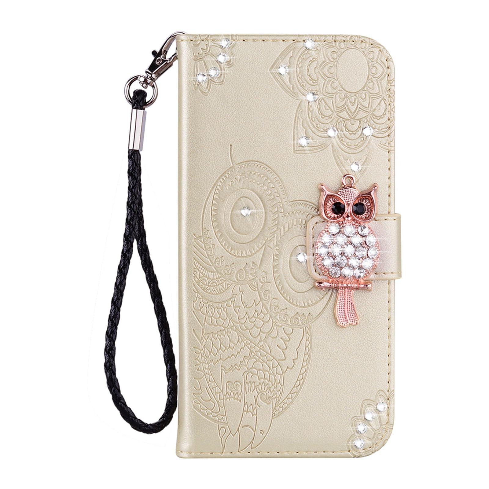 Ephoou Compatible with Apple iPhone 15 Flip Glitter Wallet Case for Women, Pu Leather with Card Slots Crystal Diamond Owl Embossing Shockproof Cover Case for iPhone 15 MTY-Gold