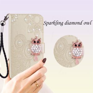 Ephoou Compatible with Apple iPhone 15 Flip Glitter Wallet Case for Women, Pu Leather with Card Slots Crystal Diamond Owl Embossing Shockproof Cover Case for iPhone 15 MTY-Gold