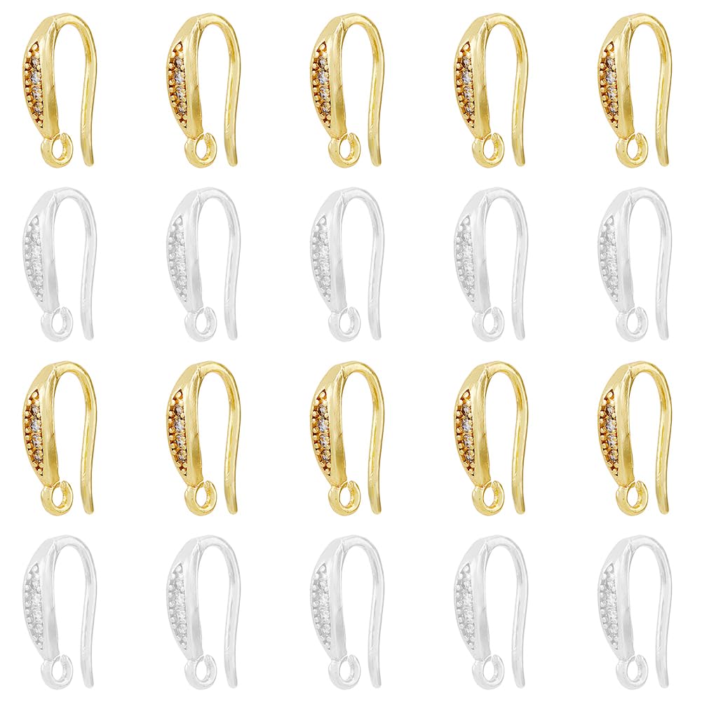 HOBBIESAY 20Pcs 2 Colors Brass Micro Pave Clear Cubic Zirconia Earring Hooks with Horizontal Loops Golden/Silver Earrings Round Lever Ornaments for Jewelry Making DIY Bracelet Necklace