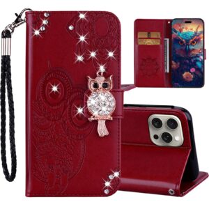 ephoou compatible with apple iphone 15 pro flip glitter wallet case for women, pu leather with card slots crystal diamond owl embossing shockproof cover case for iphone 15 pro mty-red