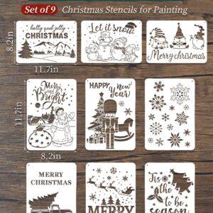 Christmas Stencils Reusable, 9Pcs Farmhouse Large Merry Christmas Stencils for Painting on Wood Winter Decor,8 X 11 Inch,Snowflake Chirstmas Tree Craft Stencils