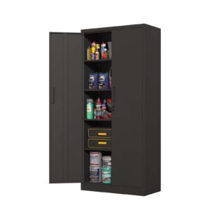 72" metal storage cabinet with lock, heavy-duty garage storage cabinet with doors and adjustable shelves, tall cabinet tool cabinet file cabinet for garage, office, home, warehouse, black