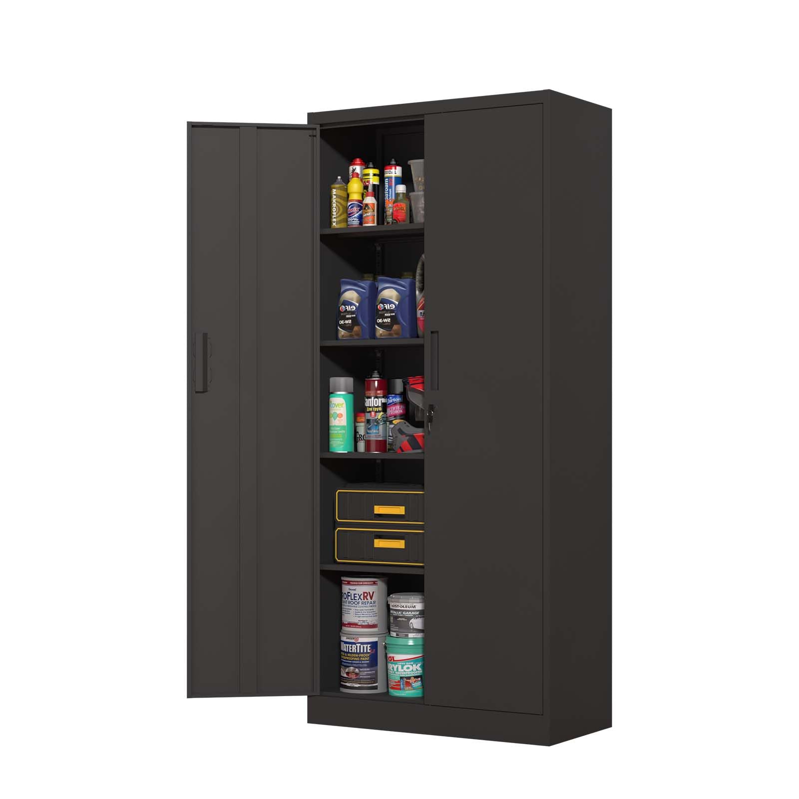 72" Metal Storage Cabinet with Lock, Heavy-Duty Garage Storage Cabinet with Doors and Adjustable Shelves, Tall Cabinet Tool Cabinet File Cabinet for Garage, Office, Home, Warehouse, Black