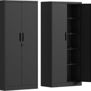 72" Metal Storage Cabinet with Lock, Heavy-Duty Garage Storage Cabinet with Doors and Adjustable Shelves, Tall Cabinet Tool Cabinet File Cabinet for Garage, Office, Home, Warehouse, Black