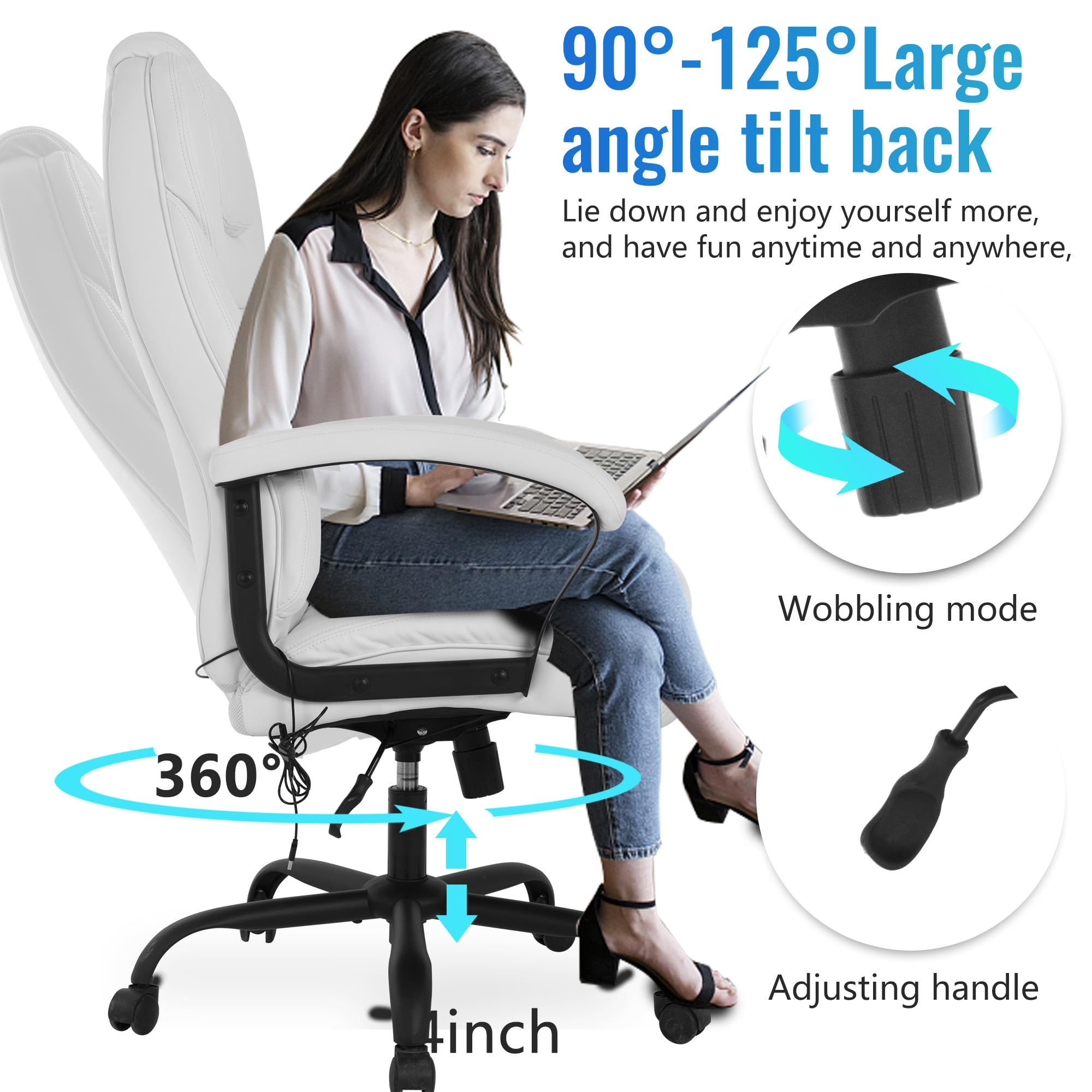 PayLessHere Big and Tall Office Chair Desk Chair Ergonomic Task Computer Chair Lumbar Support Armrest High Back Pu Leather Executive 500lbs Weight for Men Women Adults,White