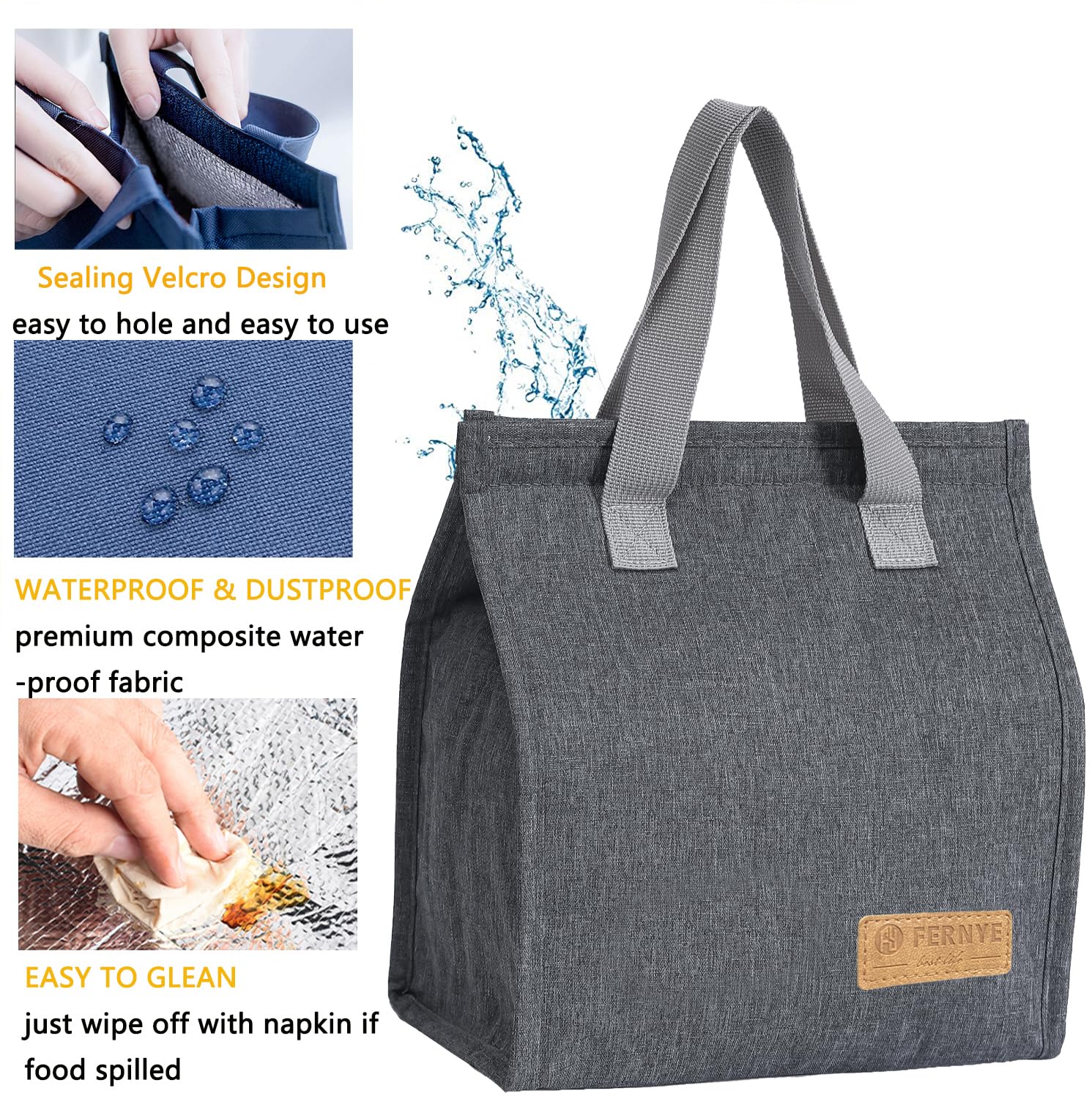 FERNYE Lunch Bag for Women/Men,Waterproof Reusable Portable Lunch Tote,Lunch Box Bag.Thermal Cooler Bag Ideal for Work/Party/l/Travel/Picnic (Light Gray)