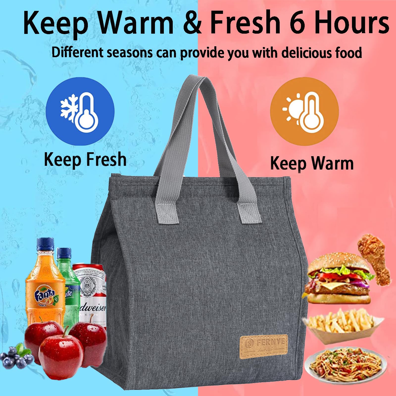 FERNYE Lunch Bag for Women/Men,Waterproof Reusable Portable Lunch Tote,Lunch Box Bag.Thermal Cooler Bag Ideal for Work/Party/l/Travel/Picnic (Light Gray)