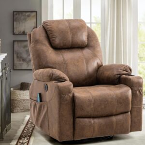 epicozy manual swivel rocker recliner with heat and vibration, 360° swivel glider massage lounge chair, ergonomic single sofa recliner with 2 cup holders side pockets & usb port, brown