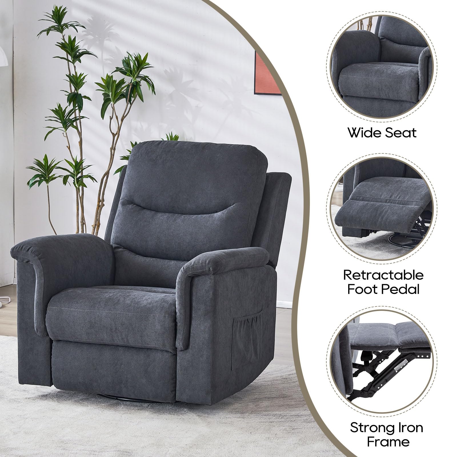 Consofa Swivel Rocker Recliner, Swivel Rocker Recliner Chairs for Adults, Manual Rocking Recliner Chair, 360 Degree Swivel Glider Recliner Chair, Overstuffed Manual Rocking Recliner for Living Room