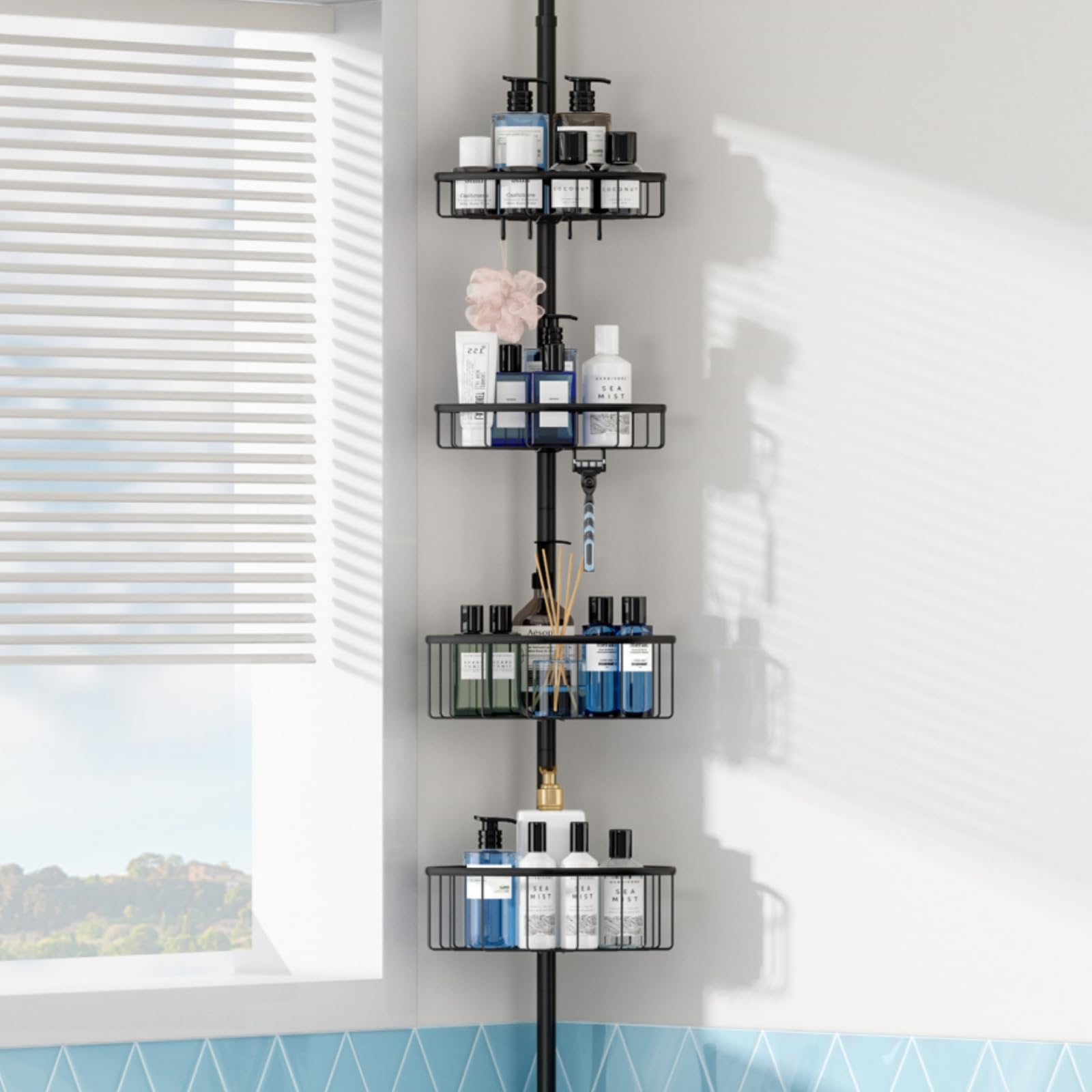 ATKEEN Corner Shower Caddy Tension Pole: Stainless Steel Rustproof Shower Organizer with 4 Tier Adjustable Shelves for Bathroom Bathtub Shampoo Storage Holder-Floor Standing Bath Rack