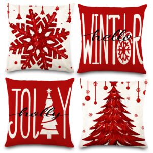 diydec 4pcs christmas pillow covers 18x18 inch winter throw pillow covers red christmas tree snowflake pillow covers hello winter holly jolly decor cushion case for holiday home sofa couch