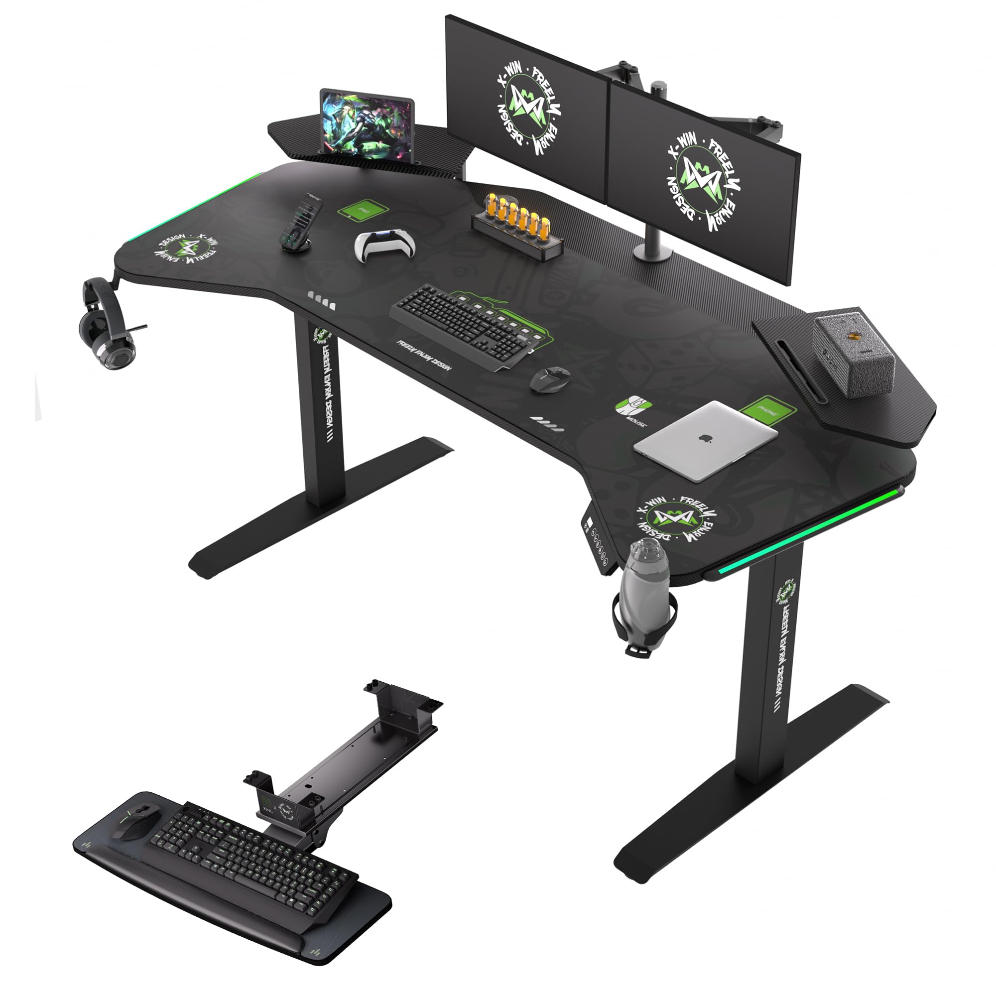 X-WIN Standing Gaming Desk, 63" Wing-Shaped Studio Music Desk with Adjustable Keyboard Tray