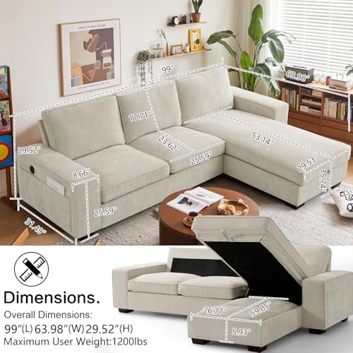 ASHOMELI 99“ Convertible Sectional Sofa,L Shaped Couch,Multi-functional Reversible Sofa with USB and Type-C Charging Ports, Storage Space, Breathable Fabric (Beige)