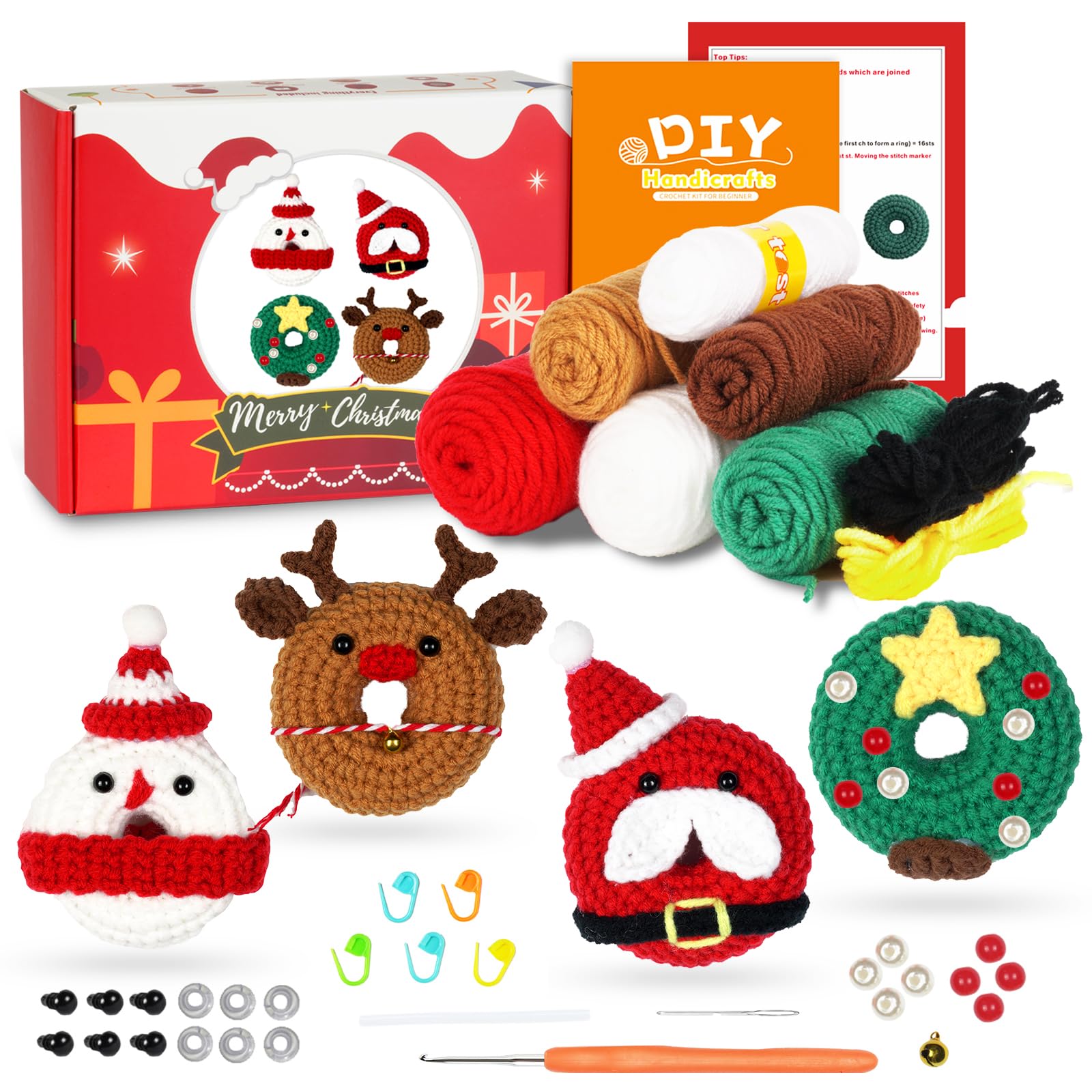 Crochet Kit for Beginners,4 pcs Christmas Crochet Animal Kit Donut Decoration Set with Step-by-Step Video Tutorial,for Kids and Adult Learn to Crochet,Christmas Decoration Gifts,30%+ Yarn