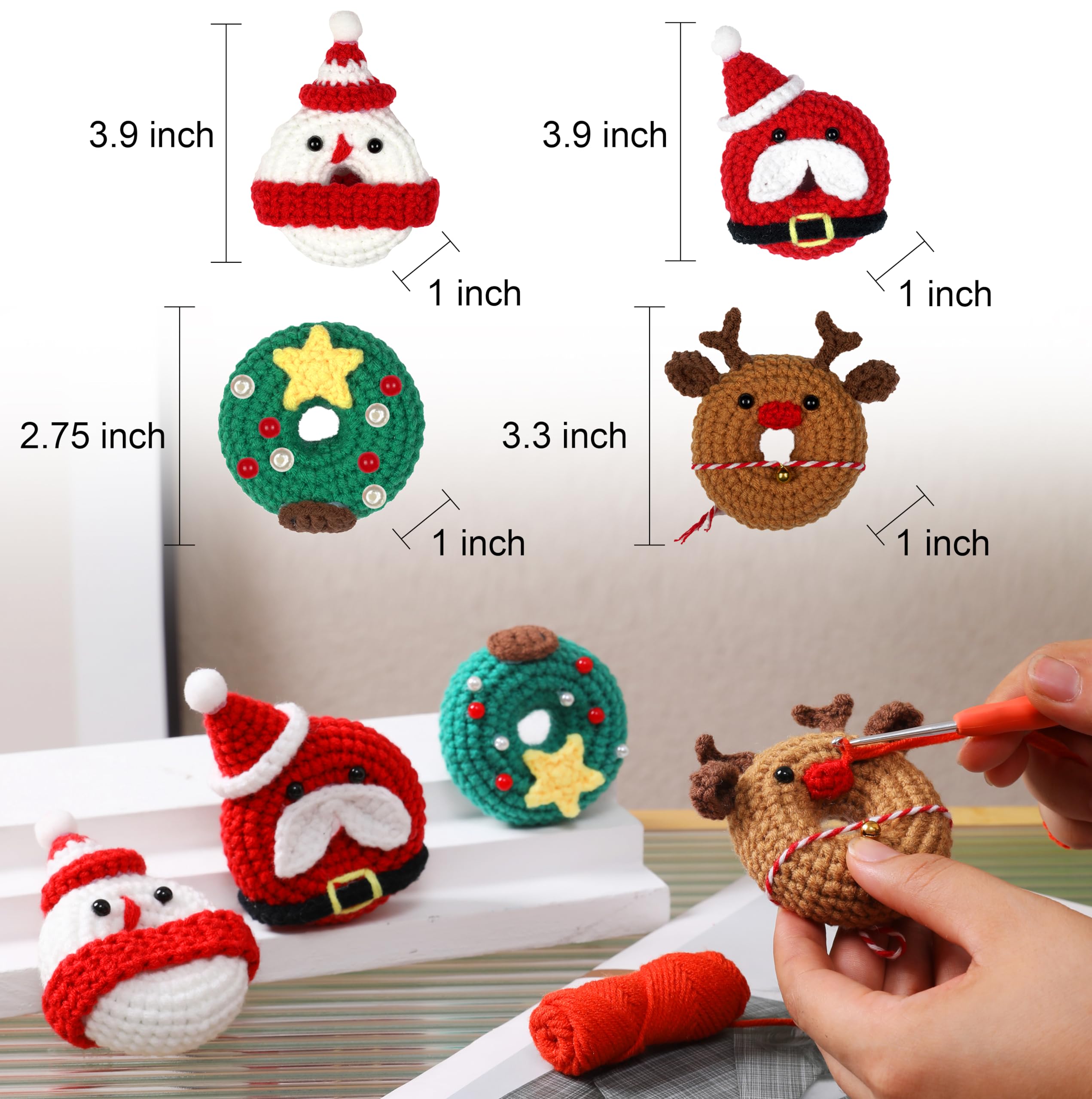 Crochet Kit for Beginners,4 pcs Christmas Crochet Animal Kit Donut Decoration Set with Step-by-Step Video Tutorial,for Kids and Adult Learn to Crochet,Christmas Decoration Gifts,30%+ Yarn