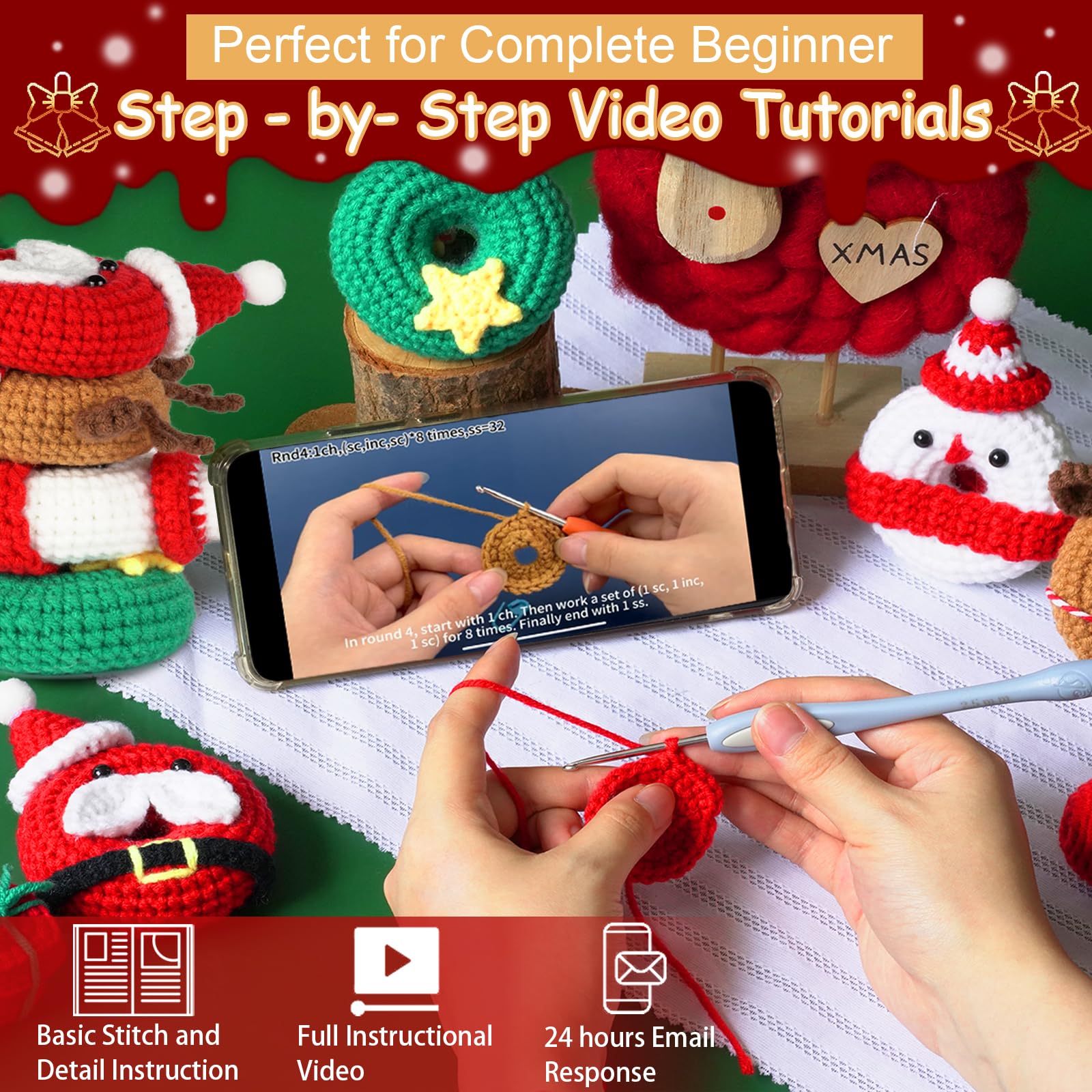 Crochet Kit for Beginners,4 pcs Christmas Crochet Animal Kit Donut Decoration Set with Step-by-Step Video Tutorial,for Kids and Adult Learn to Crochet,Christmas Decoration Gifts,30%+ Yarn