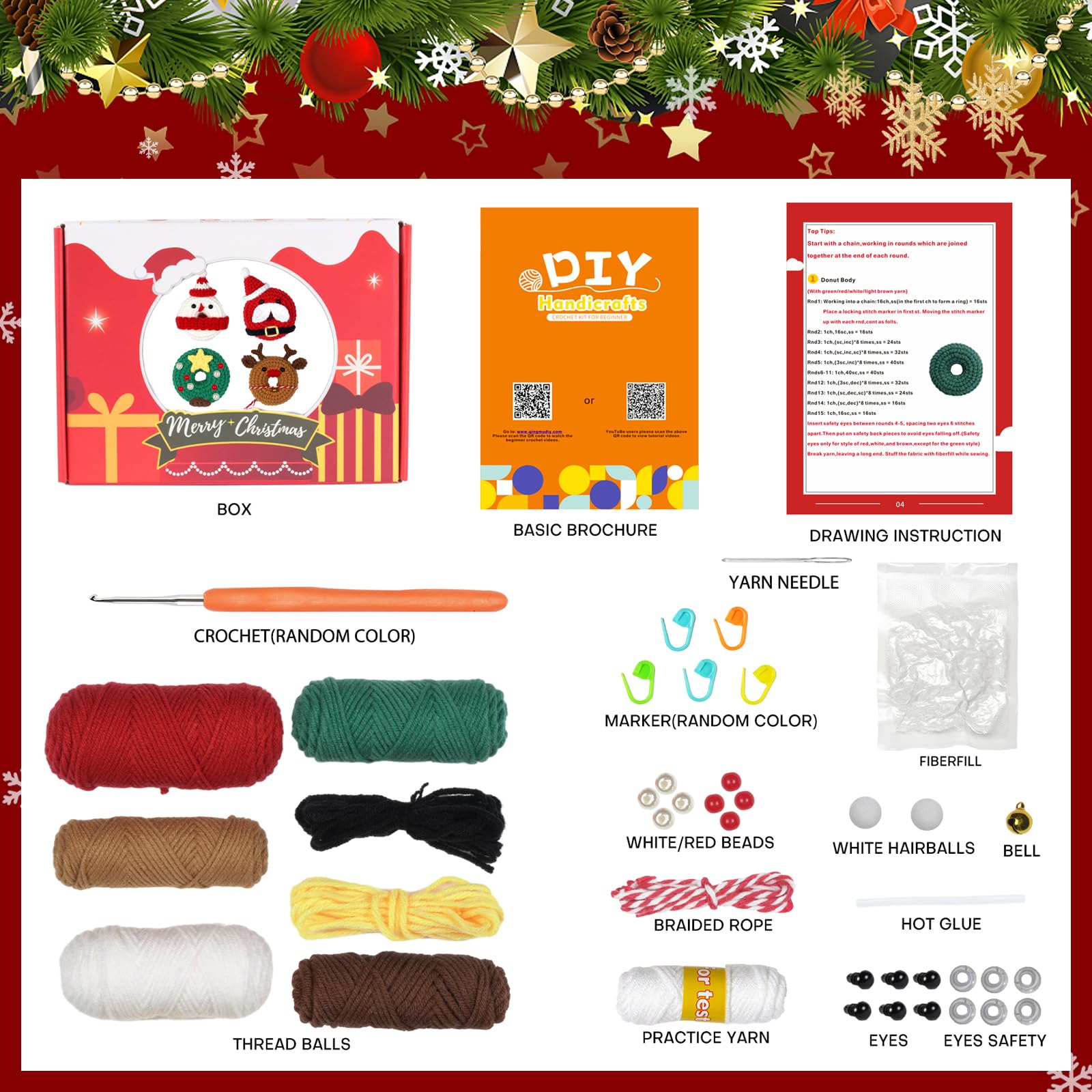 Crochet Kit for Beginners,4 pcs Christmas Crochet Animal Kit Donut Decoration Set with Step-by-Step Video Tutorial,for Kids and Adult Learn to Crochet,Christmas Decoration Gifts,30%+ Yarn