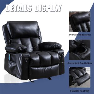 Modern Recliner Chairs for Adults with Massage and Heat,Rocker Single Sofa with 2 Cup Holder and Side Pocket for Seniors,USB Port 5 Modes Adjustable (Black)