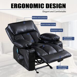 Modern Recliner Chairs for Adults with Massage and Heat,Rocker Single Sofa with 2 Cup Holder and Side Pocket for Seniors,USB Port 5 Modes Adjustable (Black)