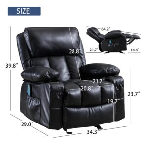 Modern Recliner Chairs for Adults with Massage and Heat,Rocker Single Sofa with 2 Cup Holder and Side Pocket for Seniors,USB Port 5 Modes Adjustable (Black)