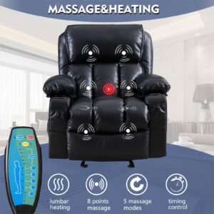 Modern Recliner Chairs for Adults with Massage and Heat,Rocker Single Sofa with 2 Cup Holder and Side Pocket for Seniors,USB Port 5 Modes Adjustable (Black)