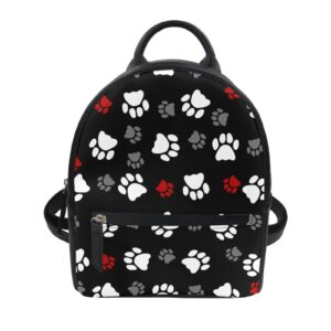 forchrinse white red dog paw print mini backpack,small pu leather backpack lightweight travel rucksack for adults