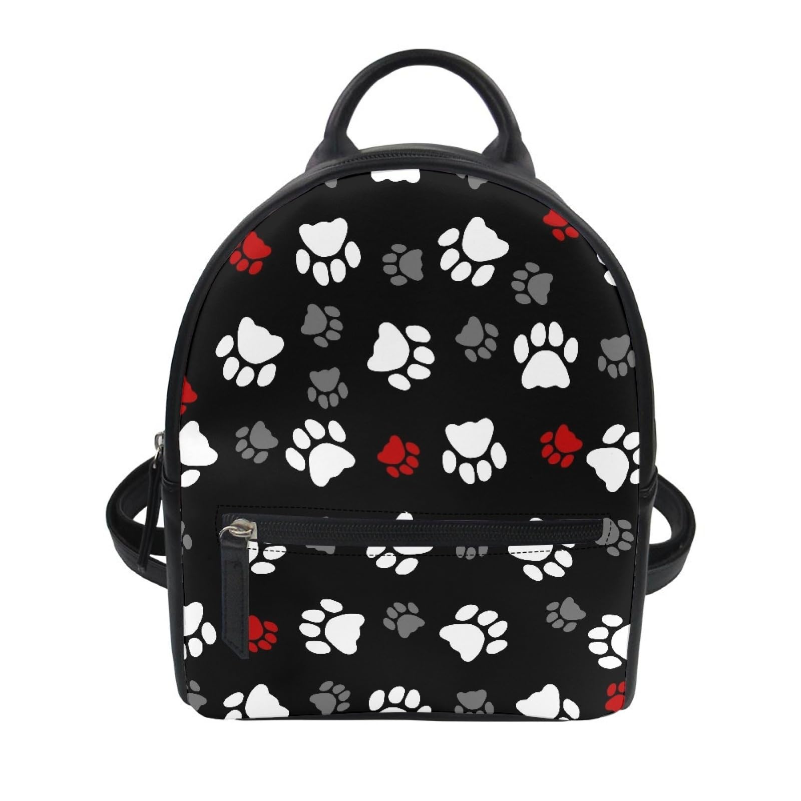 Forchrinse White Red Dog Paw Print Mini Backpack,Small PU Leather Backpack Lightweight Travel Rucksack for Adults