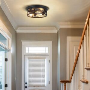 Feanron Flush Mount Ceiling Light Fixture, Black 3-Light Hallway Light Fixtures Ceiling, Light Fixtures Ceiling Mount for Farmhouse, Kitchen, Living Room (2 Pack, A19 LED Bulbs Included)