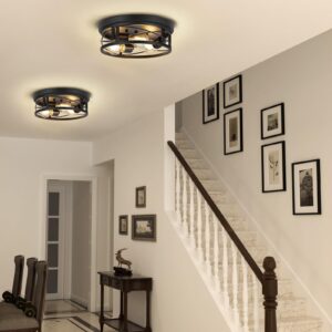 Feanron Flush Mount Ceiling Light Fixture, Black 3-Light Hallway Light Fixtures Ceiling, Light Fixtures Ceiling Mount for Farmhouse, Kitchen, Living Room (2 Pack, A19 LED Bulbs Included)