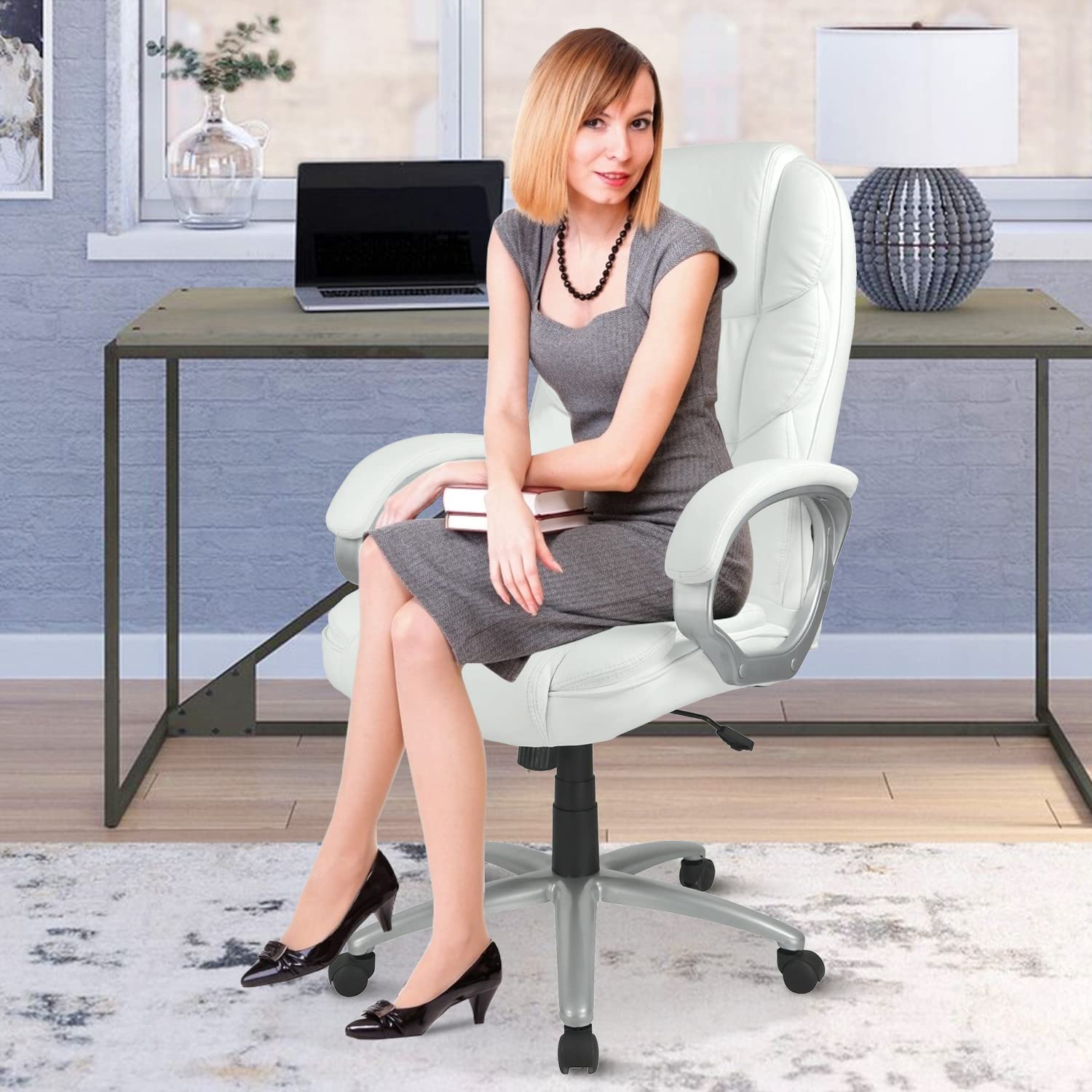 Executive Office Chair Pu Leather Computer Chair with Lumbar Support Modern High Back Adjustable Ergonomic Desk Chair for Home Office White