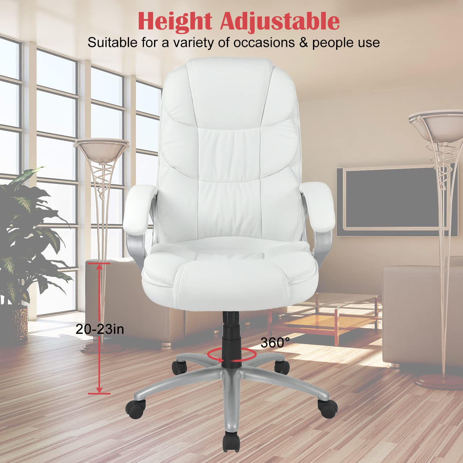 Executive Office Chair Pu Leather Computer Chair with Lumbar Support Modern High Back Adjustable Ergonomic Desk Chair for Home Office White