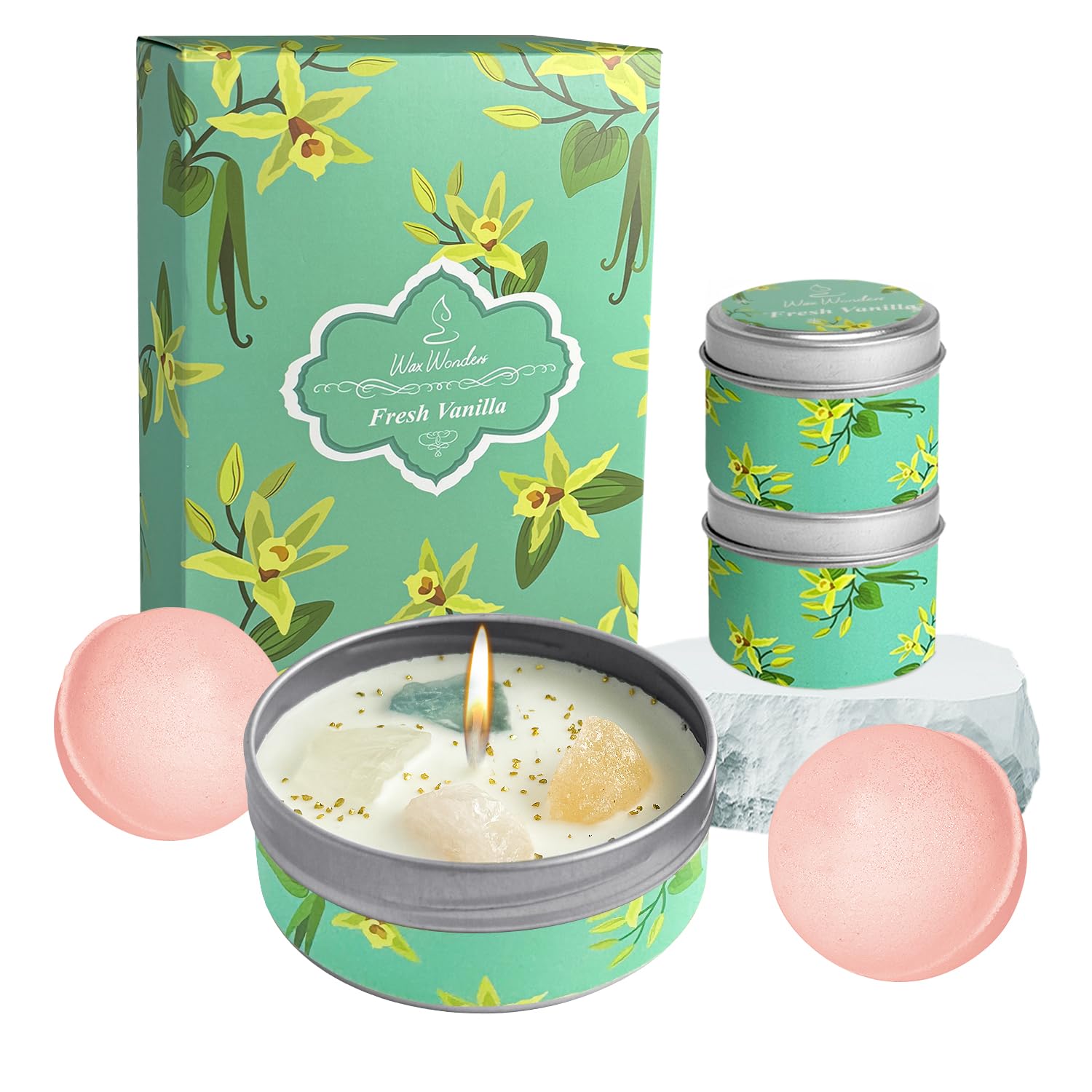 Wax Wonders Candles for Home Scented & 2 Bath Bombs Set - 7.05OZ Aromatherapy Candles Gifts for Women,Soy Wax,Bubble Spa,Ideal for Valentine, Birthday, Mother's Day, Thanksgiving, Christmas Gifts