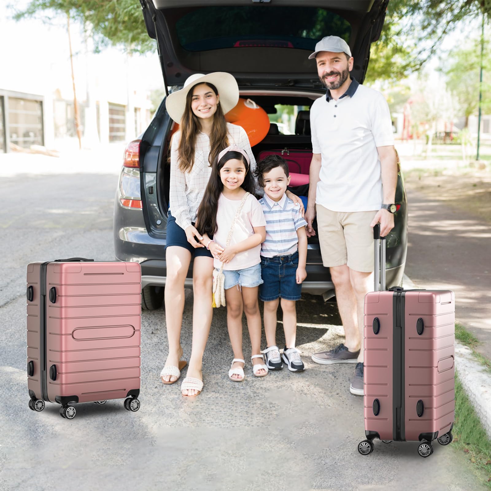 Fujampe 3 Piece Luggage Set, Lightweight Pink Hardshell Luggage Sets with Spinner Wheels & TSA Lock, Carry on Suitcase 3 Piece Sets 20''/24''/28'' (Rose Gold)