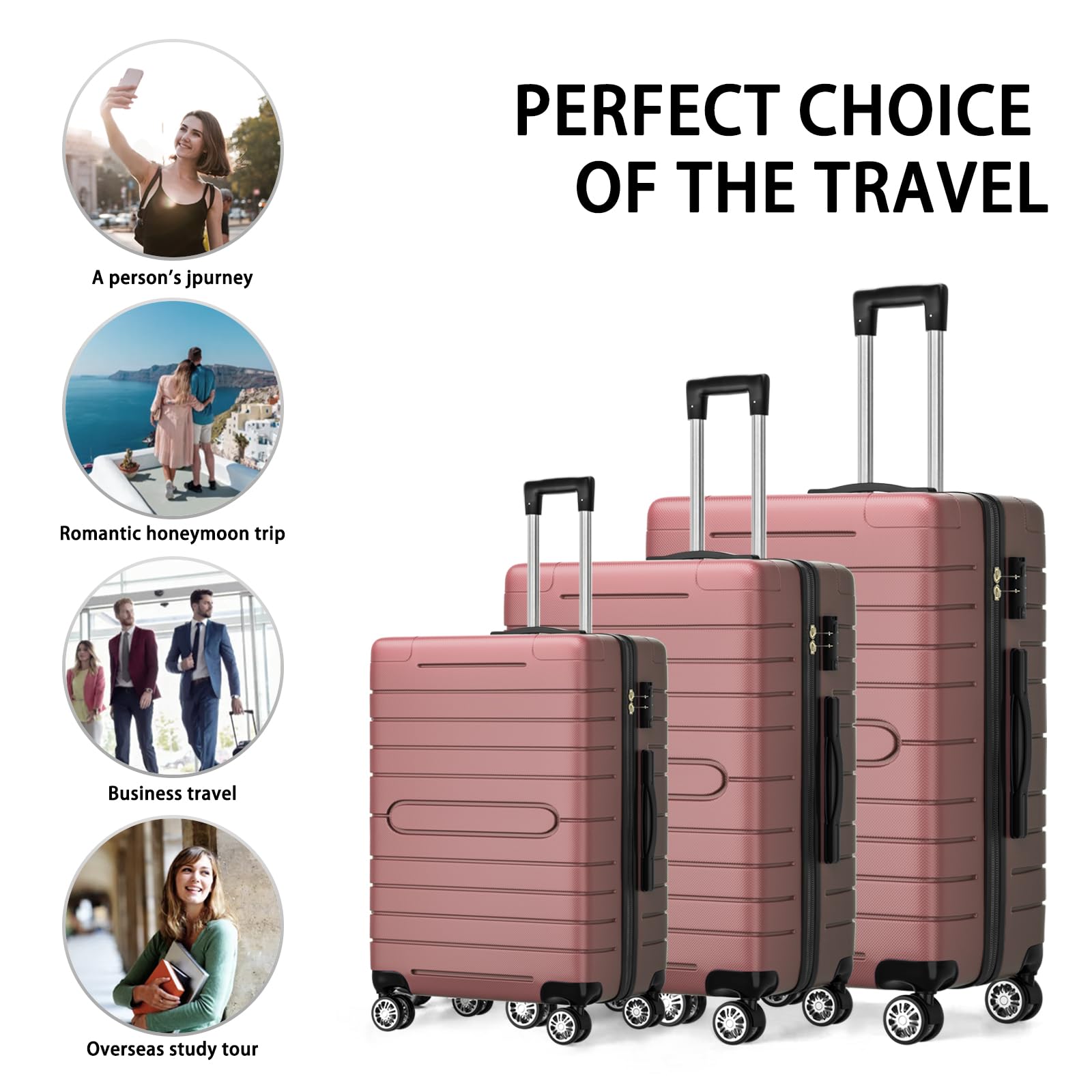 Fujampe 3 Piece Luggage Set, Lightweight Pink Hardshell Luggage Sets with Spinner Wheels & TSA Lock, Carry on Suitcase 3 Piece Sets 20''/24''/28'' (Rose Gold)