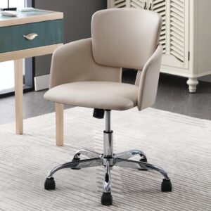 beryth home office chair with wheels, adjustable height pu leather ergonomic computer tilt chair in rocking style, modern mid back swivel vanity task chair for office, meeting, study room(beige)