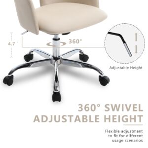 BERYTH Home Office Chair with Wheels, Adjustable Height PU Leather Ergonomic Computer Tilt Chair in Rocking Style, Modern Mid Back Swivel Vanity Task Chair for Office, Meeting, Study Room(Beige)