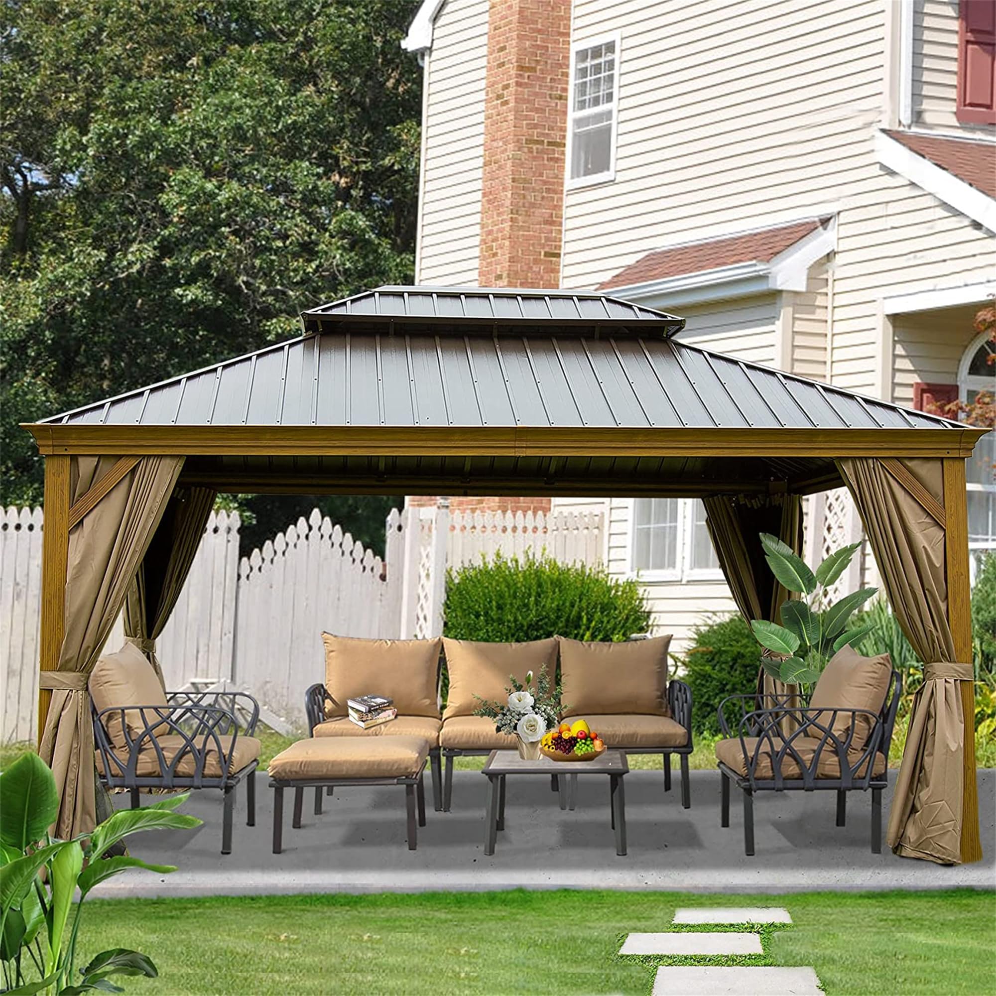 12x16Ft Hardtop Gazebo Wooden Coated Aluminum Frame Canopy Galvanized Steel Double Roof Outdoor Wood-Looking Permanent Metal Pavilion with Curtains and Netting for Patio Deck Lawn