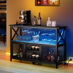 yitahome 55" coffee bar cabinet with led lights power outlets, industrial wine bar cabinet home bar table with wine rack storage sideboard buffet cabinet for living room kitchen dining room