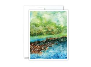 abstract riverside card - single greeting card - watercolor nature card, outdoor scenery greeting card, blank inside