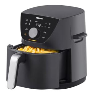 toshiba 5.5qt air fryer heat-q technology, quick and easy meals, 8 preset menus and menu-iq function, 1°f precision, 90% less oil, double-sided handles easy carrying