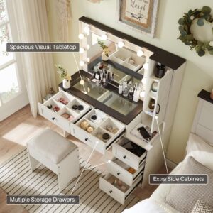 JXQTLINGMU Farmhouse Vanity Makeup Desk with Charging Station, 43" W Vanity Desk with Lights Mirror and Drawers for Makeup, Big Modern Vanity Table Set with Vanity Stool for Bedroom, White